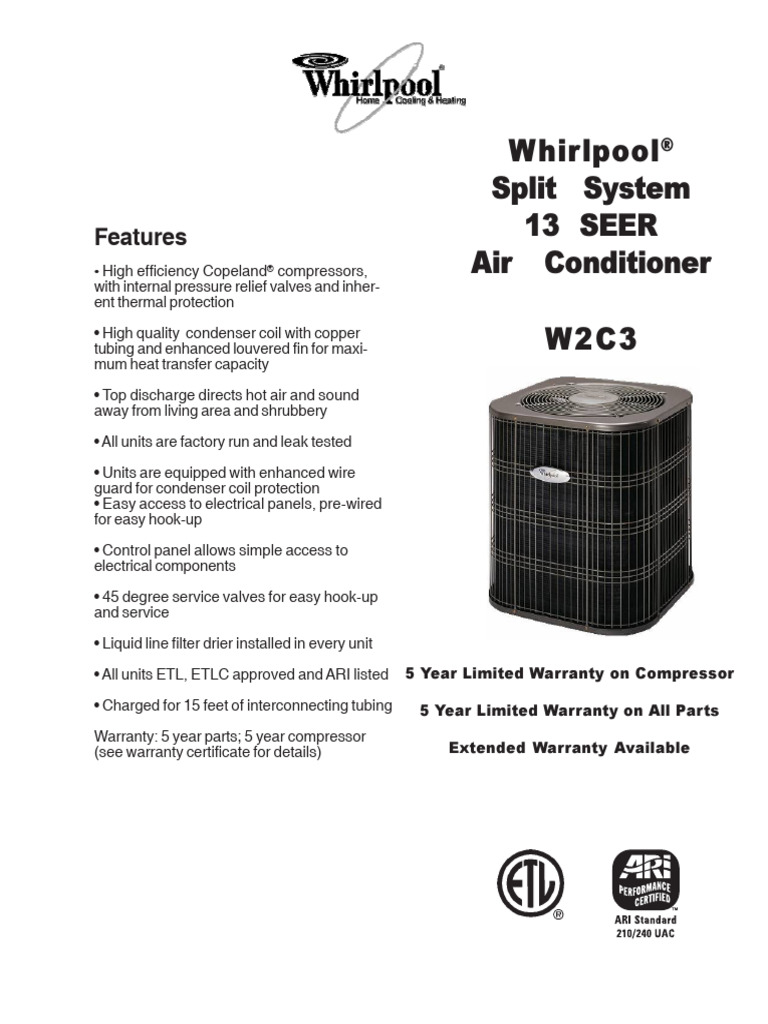 WhirlpoolÂ® Split System 13 SEER Air Conditioner W2C3 | PDF | Air ...