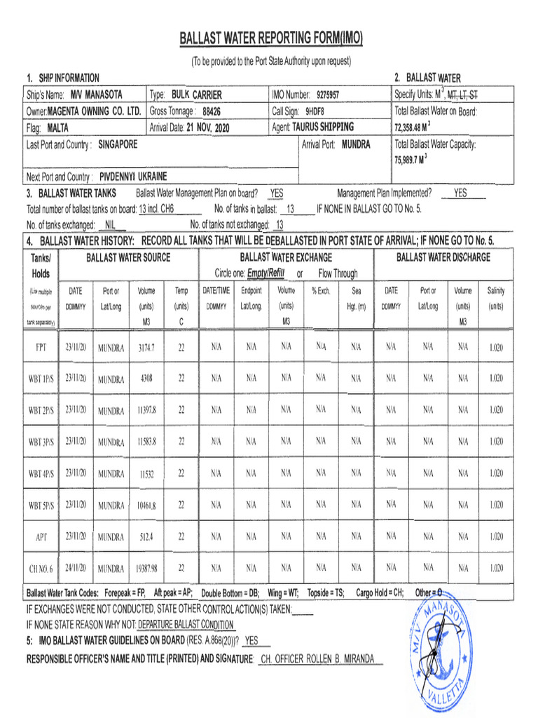 IMO Ballast Water Reporting Form | PDF | Water | Watercraft