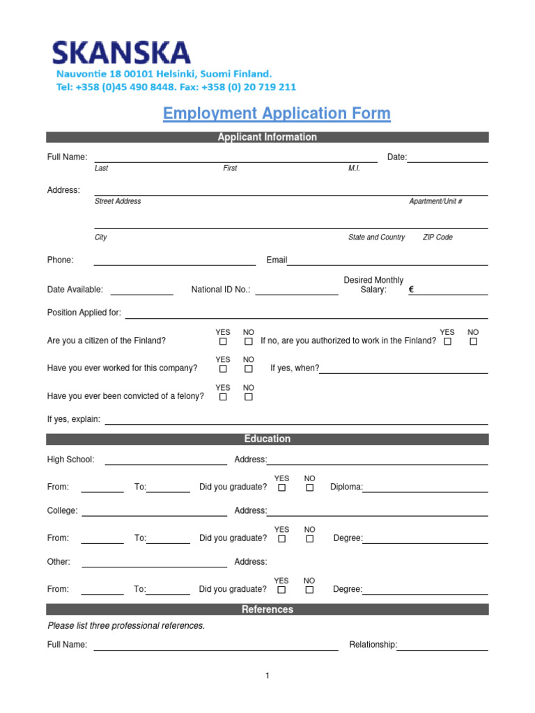 Skanska Employment Application Form | PDF