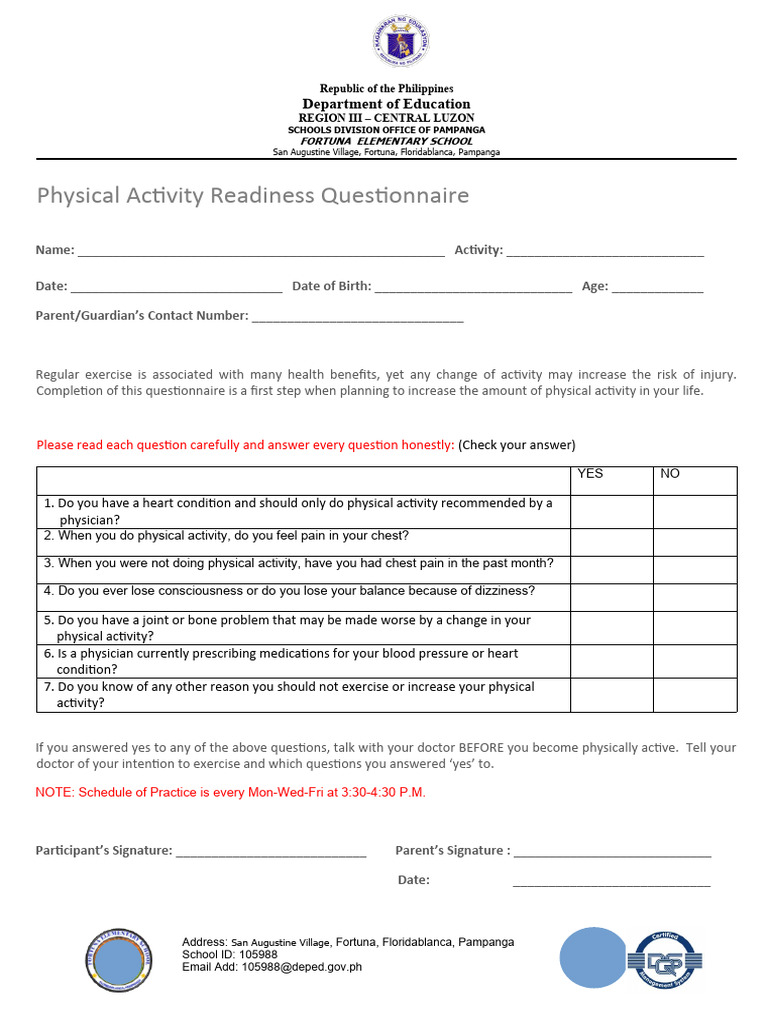 Physical Activity Questionaire | PDF | Self-Improvement | Wellness