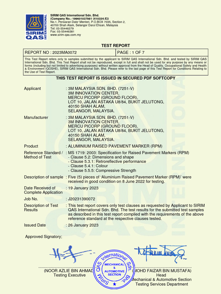 3M Aluminium Raised Pavement Marker Test Report | PDF | Deformation ...