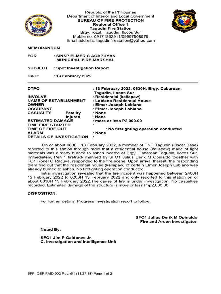 Spot Report on Fire Incident in Tagudin | PDF | Emergency Services ...