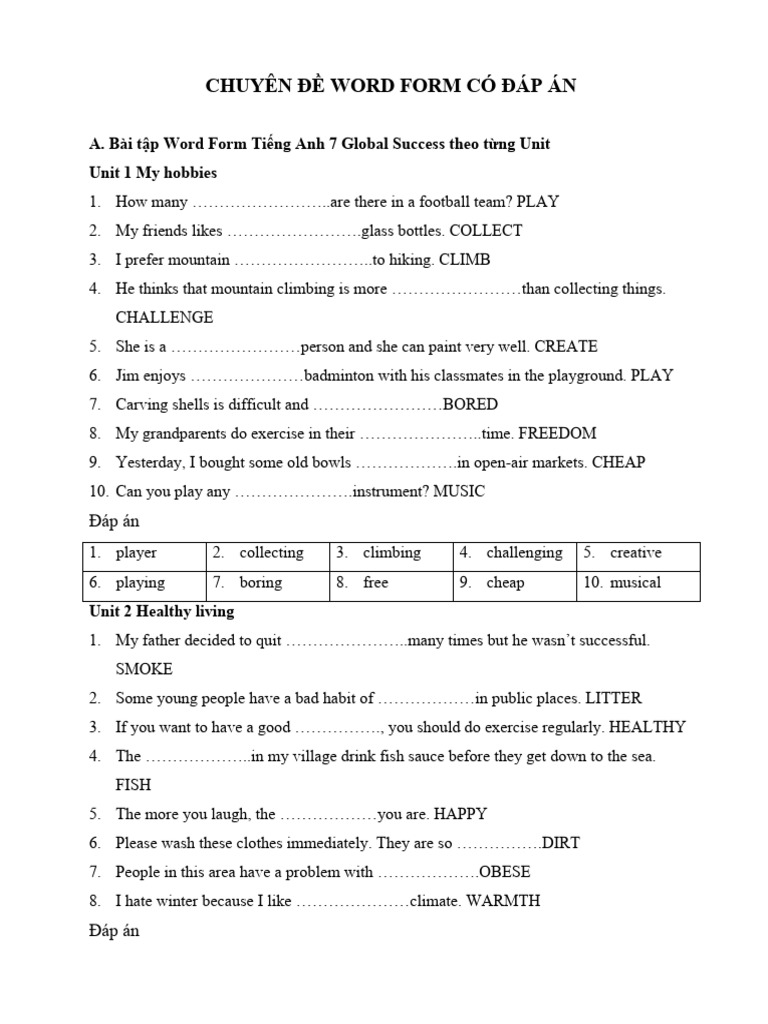 Bai Tap Word Form Tieng Anh Lop 7 | PDF | Energy Development | Solar Power