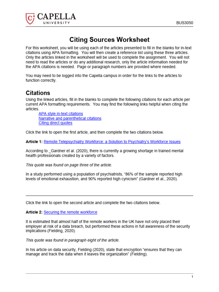 CF Citing Sources Worksheet | PDF | Citation | Apa Style