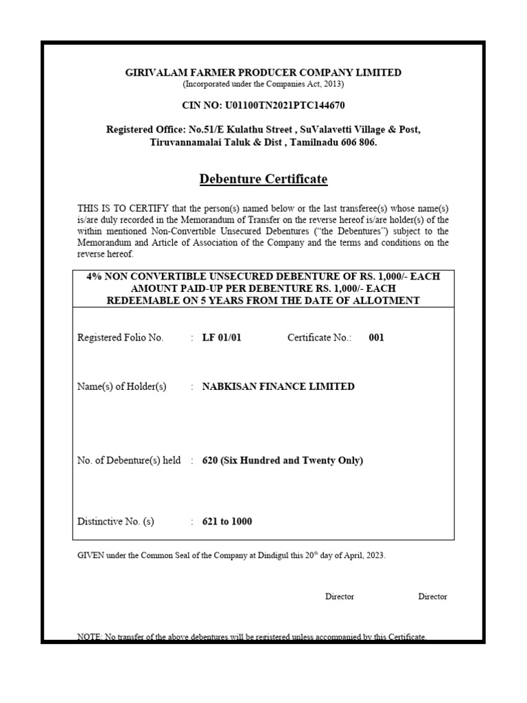Debenture Certificate for NABKISAN Finance | PDF | Debenture | Business