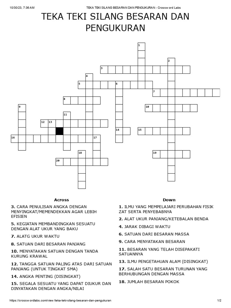 TEKA TEKI SILANG BESARAN DAN PENGUKURAN - Crossword Labs 10 | PDF