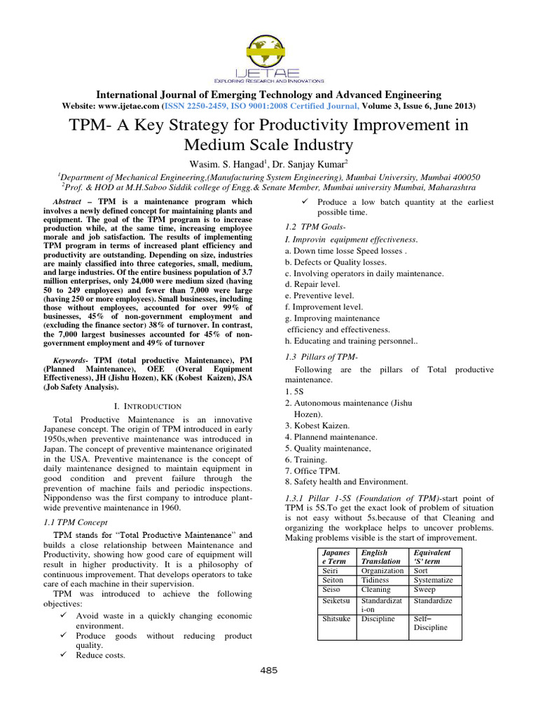 TPM A Key Strategy For Productivity Impr | PDF | Sheet Metal ...