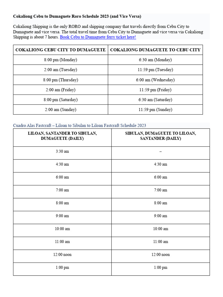 Cokaliong Cebu To Dumaguete Roro Schedule 2023 | PDF