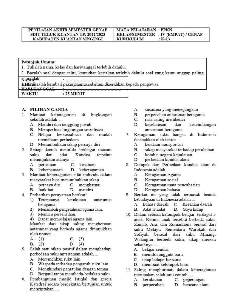 Soal Pas PPKN Kelas 4 | PDF | Ilmu Sosial | Kajian Bahasa Asing