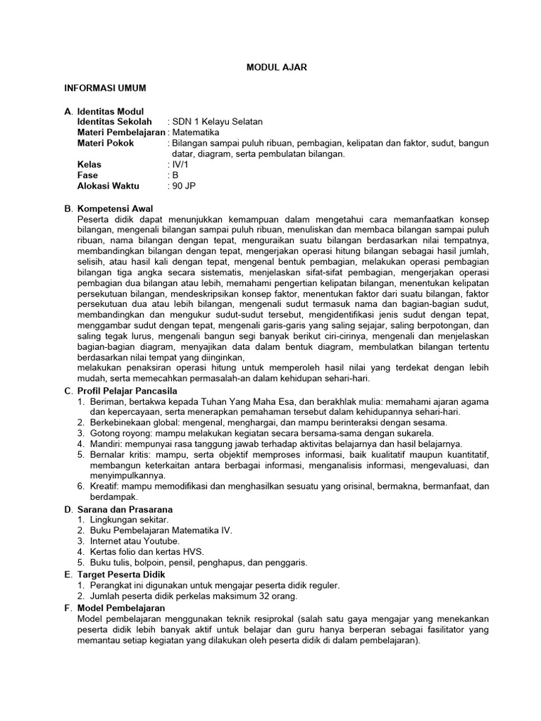 Modul Ajar - Matematika IV - SD | PDF