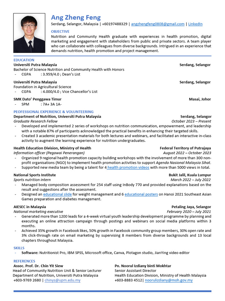 Ang Zheng Feng - CV - Sunway 06.01.2024 | Download Free PDF | Human Communication