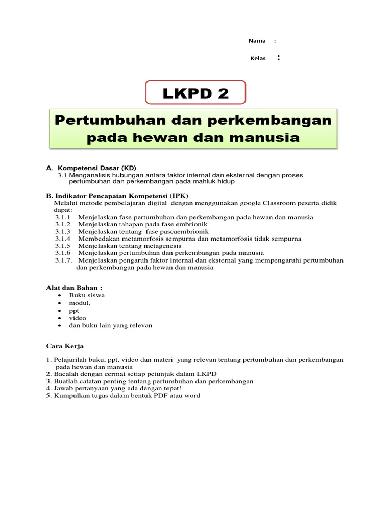 LKPD 2 Pertumbuhan Dan Perkembangan Pada Hewan Dan Manusia | PDF