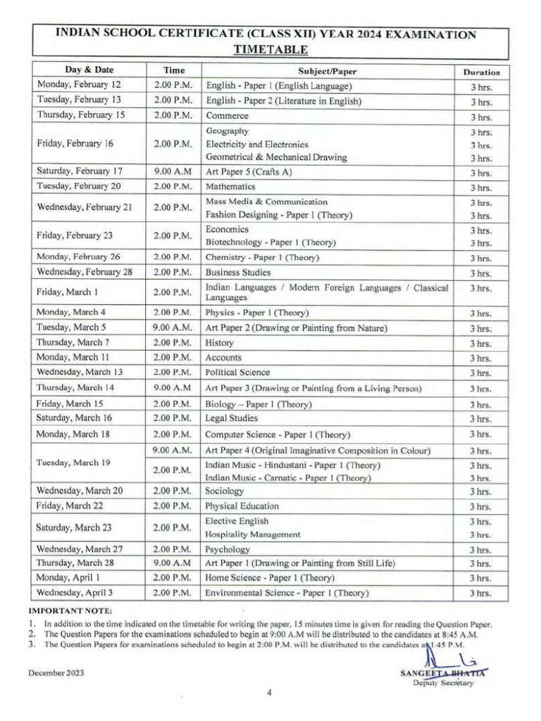 ICSE Date Sheet 2024 Class 12 1 | PDF