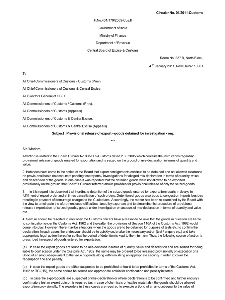 Circulars 2011 Circ01 2k11 Cus | PDF | Customs | Detention (Imprisonment)
