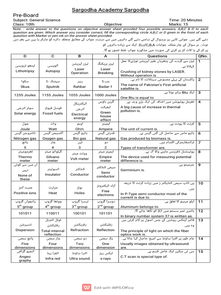 Sargodha Academy 10th Grade Science Exam | PDF | International System ...