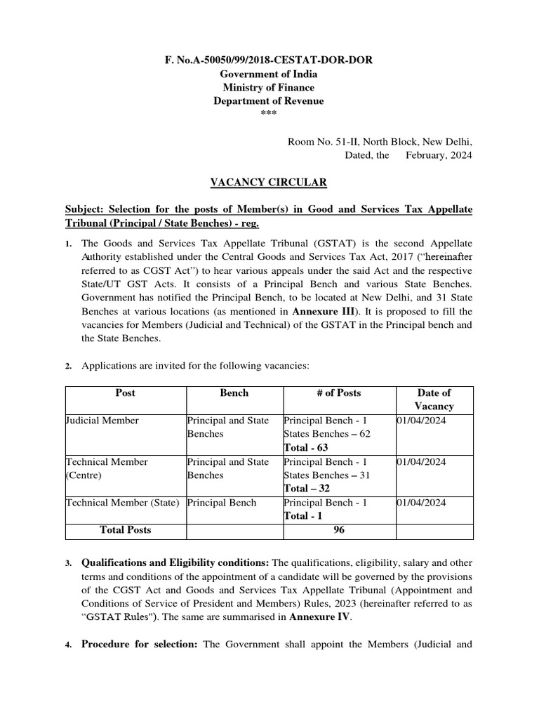 GSTAT - Vacancy Circular Members | PDF | Taxes | Government Finances