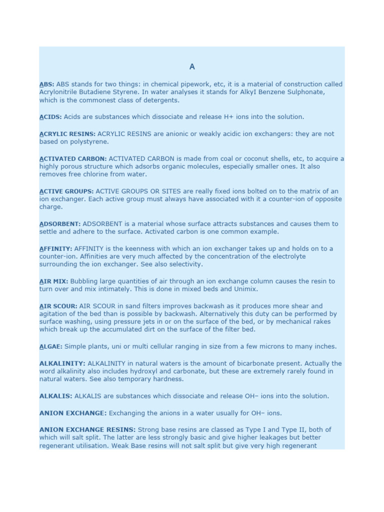 Glossory-Water Treatment | PDF | Ion Exchange | Water Purification