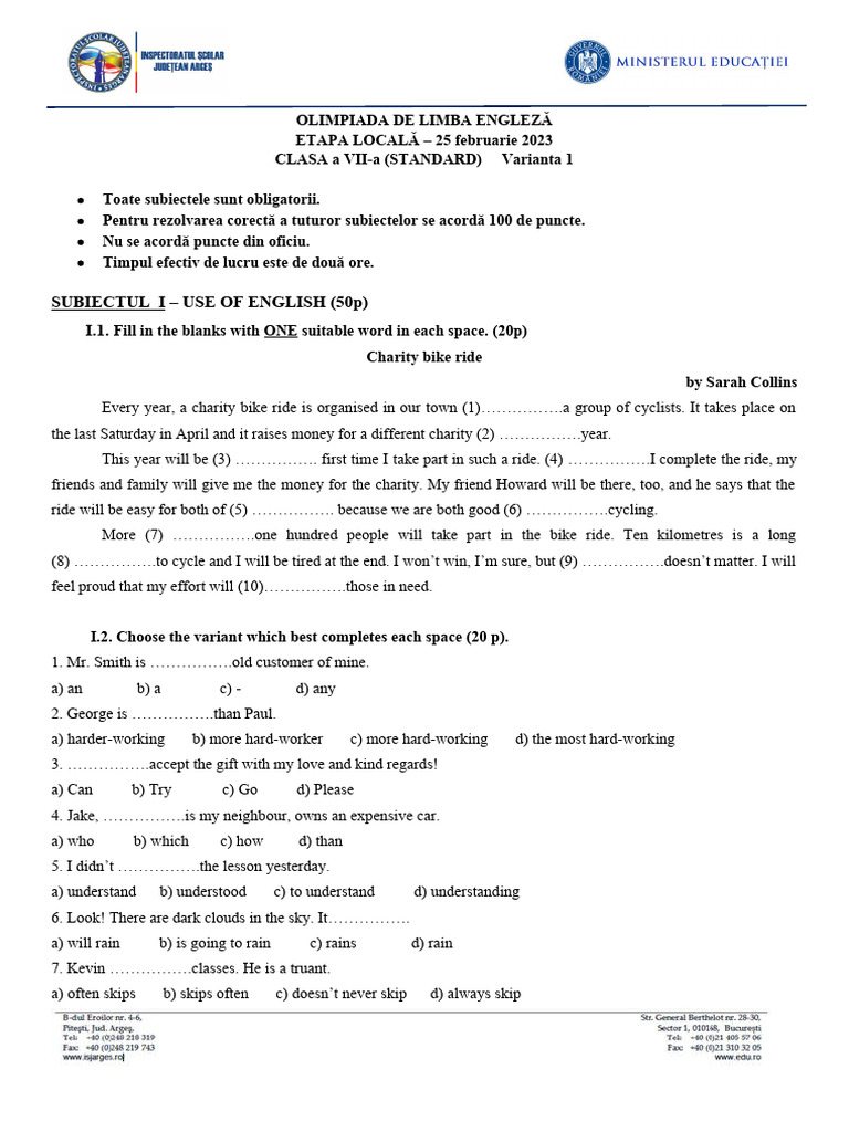Subiect Engleza VII Standard | PDF | Vocabulary | Essays