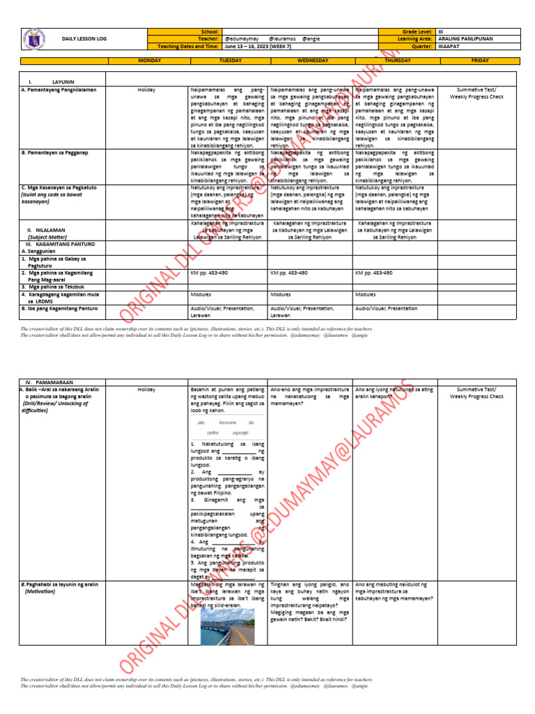 DLL - AP3 - Q4 - W7 - Natutukoy Ang Inprastraktura (Mga Daanan, Palengke) NG Mga lalawigan ...