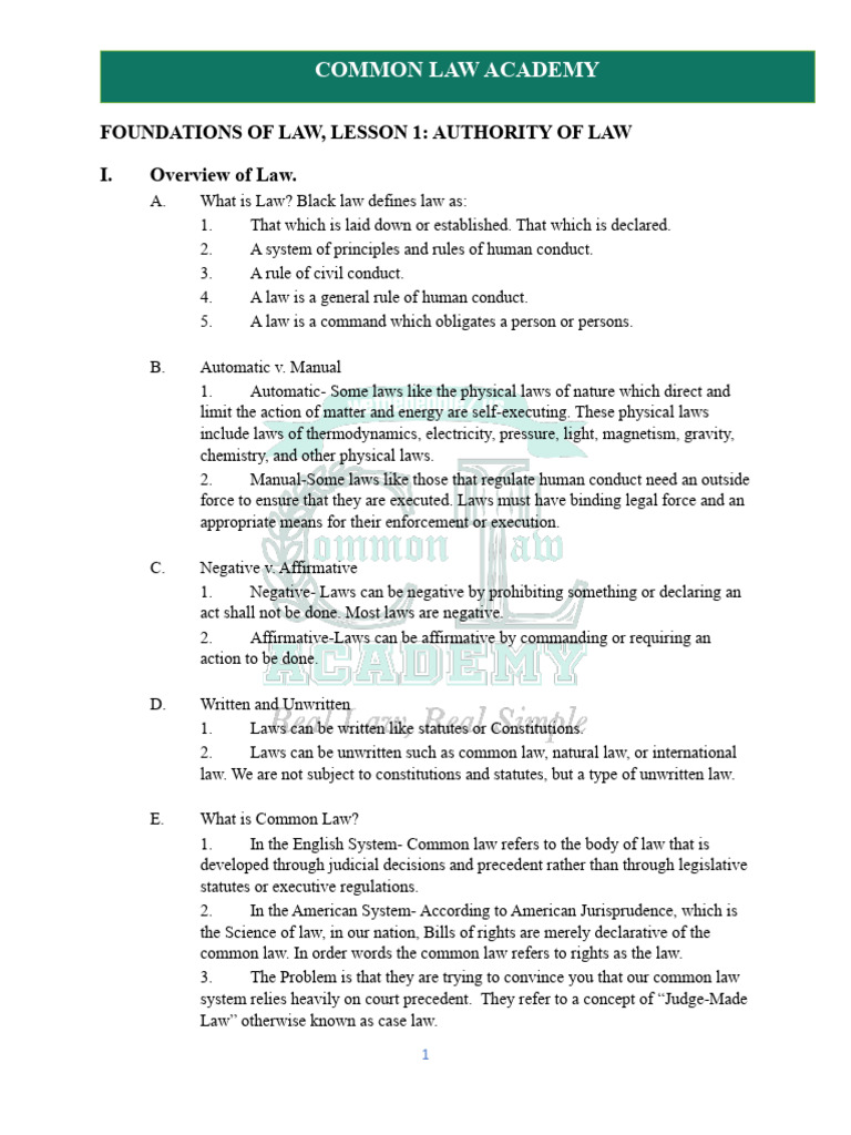 Common Law Academy Lesson 1 | PDF | Common Law | Natural Law