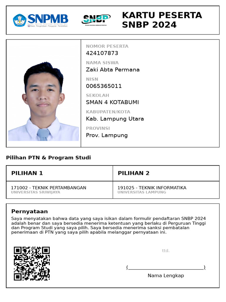 Kartu Peserta SNBP 2024: 424107873 Zaki Abta Permana 0065365011 Sman 4 Kotabumi Kab. Lampung ...