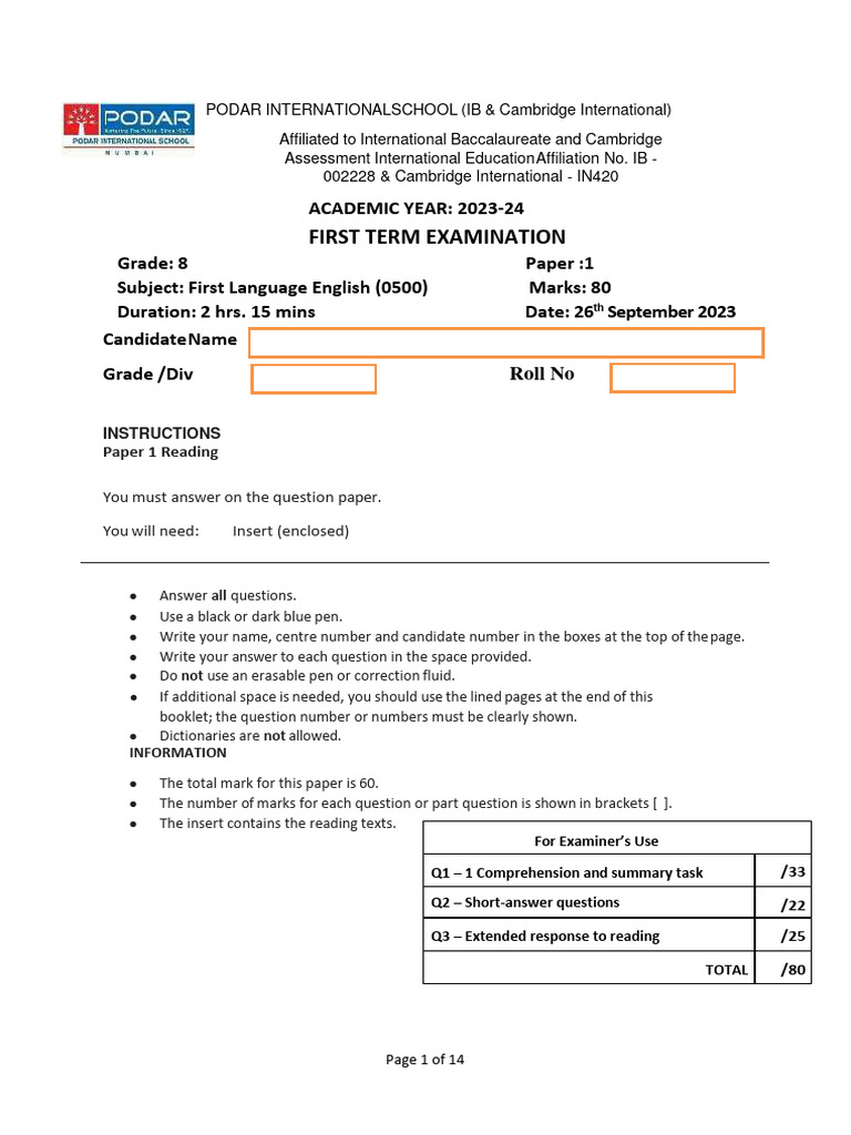 Grade 8 First Term English Exam Paper | PDF