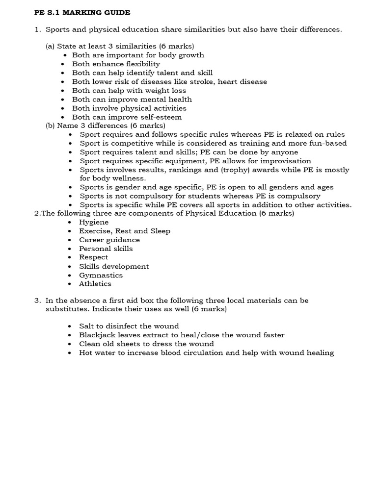 Pe s.1 Marking Guide | PDF | First Aid | Sports