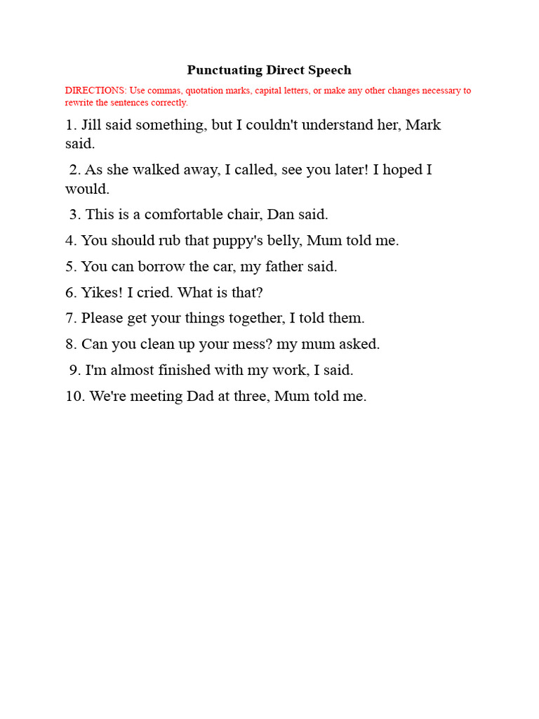 Punctuating Direct Speech Worksheet | PDF