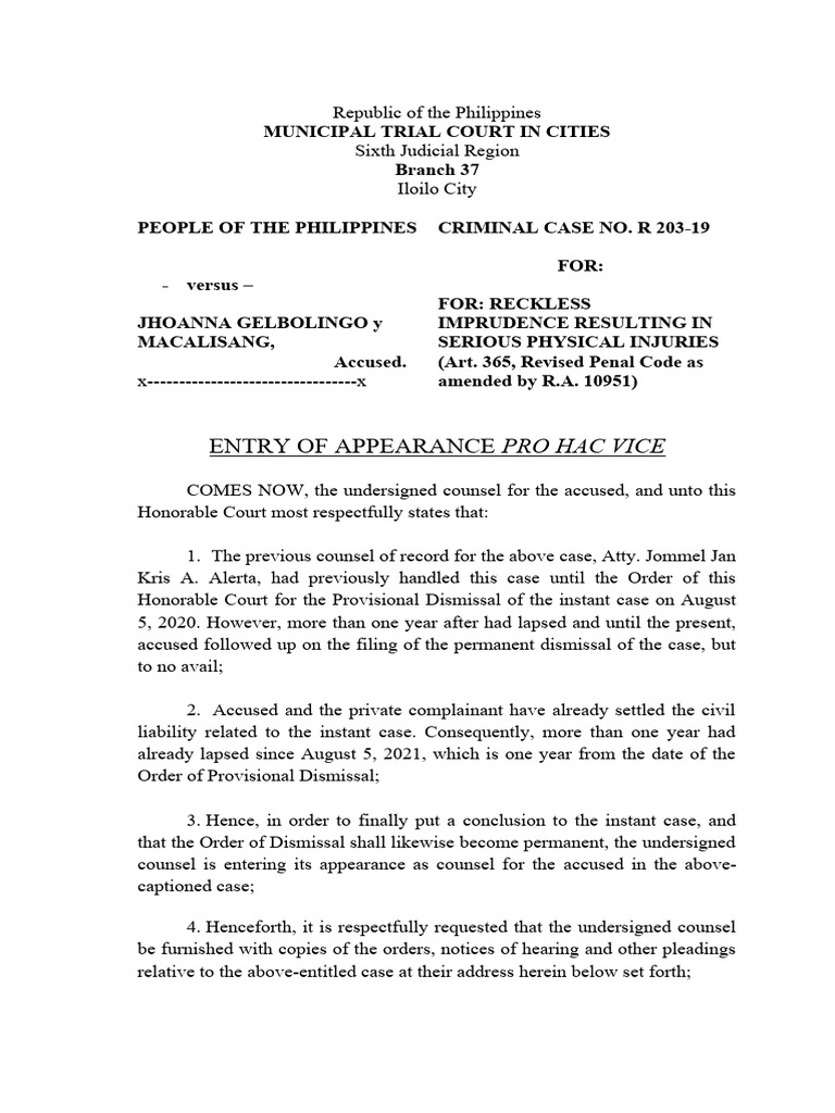 Entry of Appearance Pro Hac Vice | PDF | Public Sphere | Separation Of ...