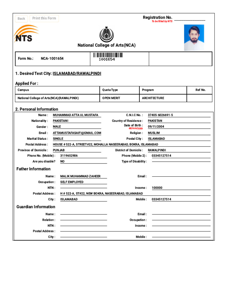 NCA Admission Form | PDF | Banks | Islamabad