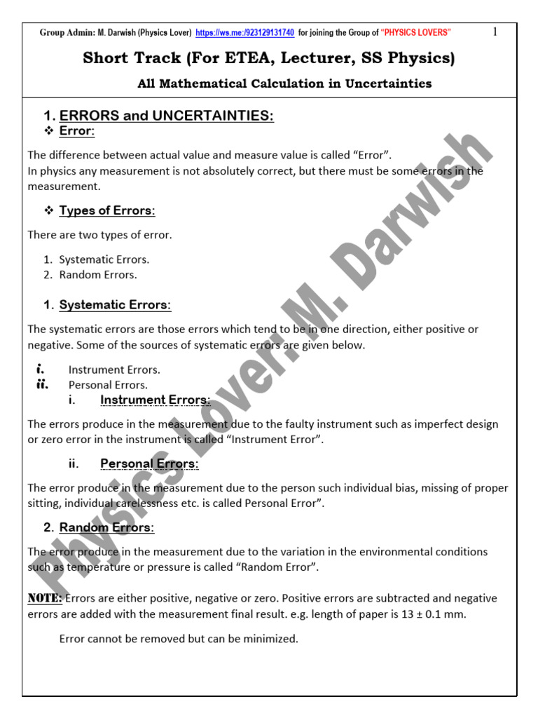 Short Track For Uncertainities Calculation Physics Lover M - Darwish | PDF | Observational Error ...