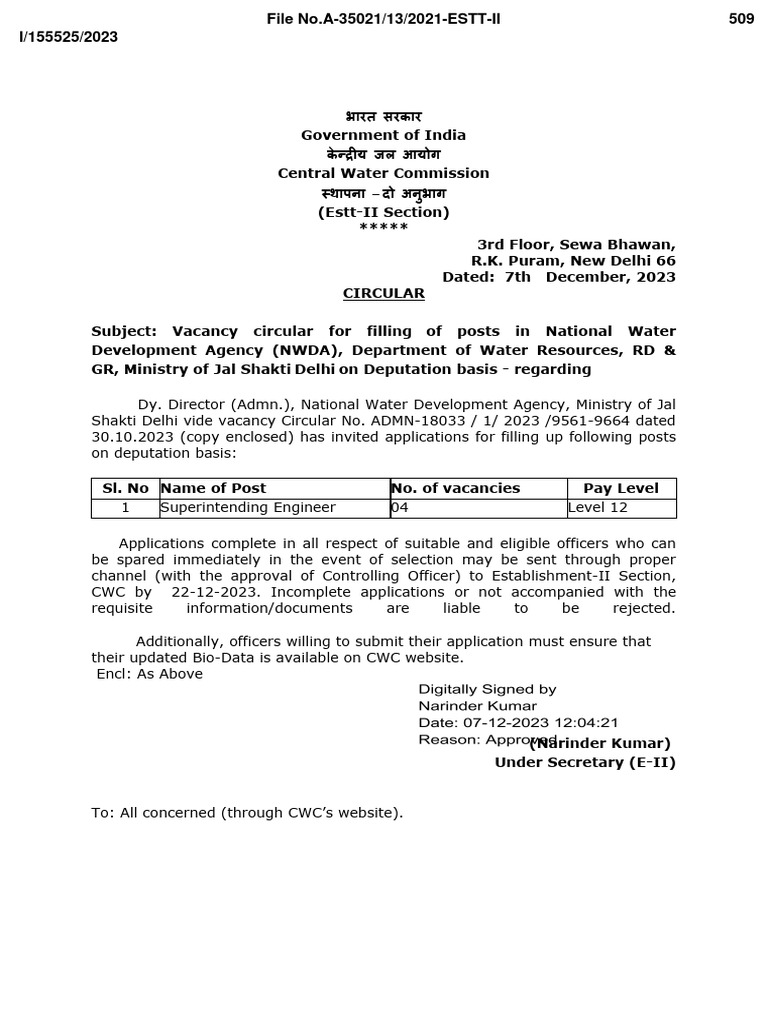 Nwda Vacancy Circular Se Civil 7 Dec 2023 | PDF