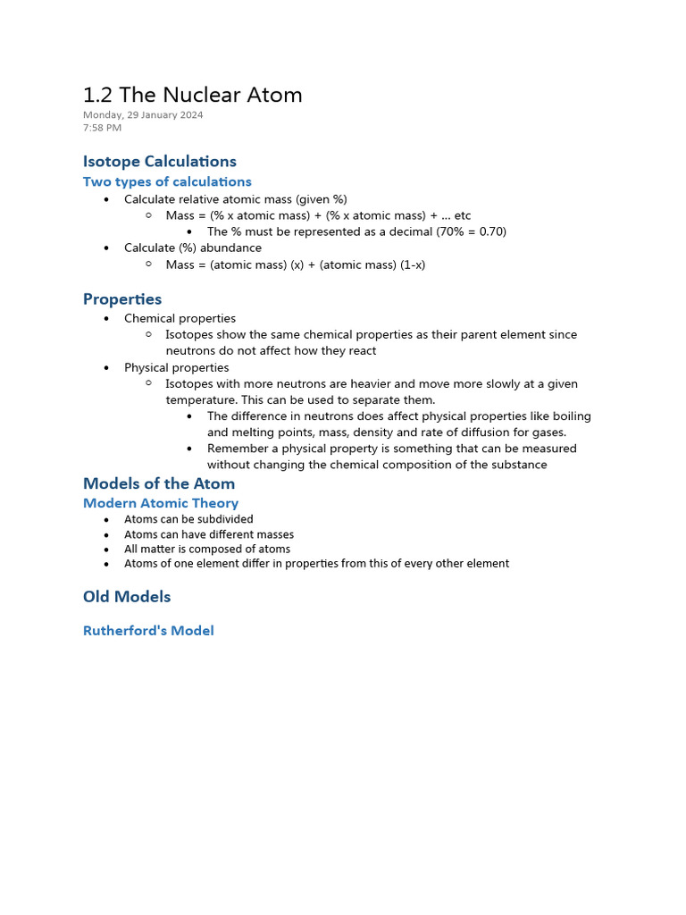 IB Chemistry 1.2 The Nuclear Atom pt1 | PDF | Emission Spectrum | Atoms