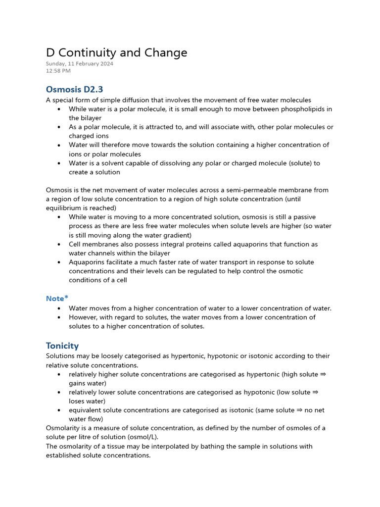 IB Biology D Continuity and Change pt1 | PDF | Osmosis | Cell Biology