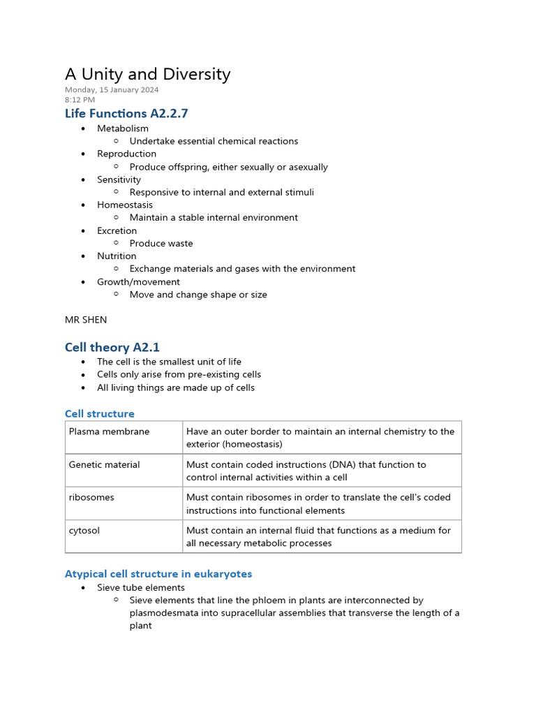 IB Biology A Unity and Diversity pt1 | PDF | Cell (Biology) | Prokaryote