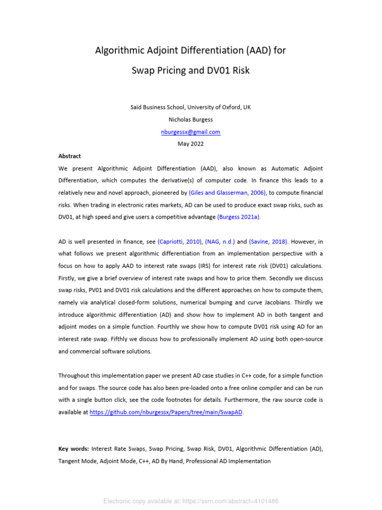 Algorithmic Adjoint Differentiation (AAD) For Swap Pricing and DV01 Risk | PDF | Interest Rate ...