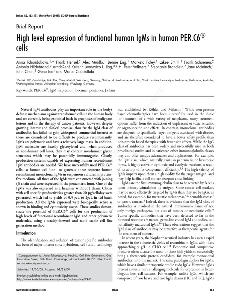 2009 High Level Expression of Functional Human IgMs in Human PER C6 ...