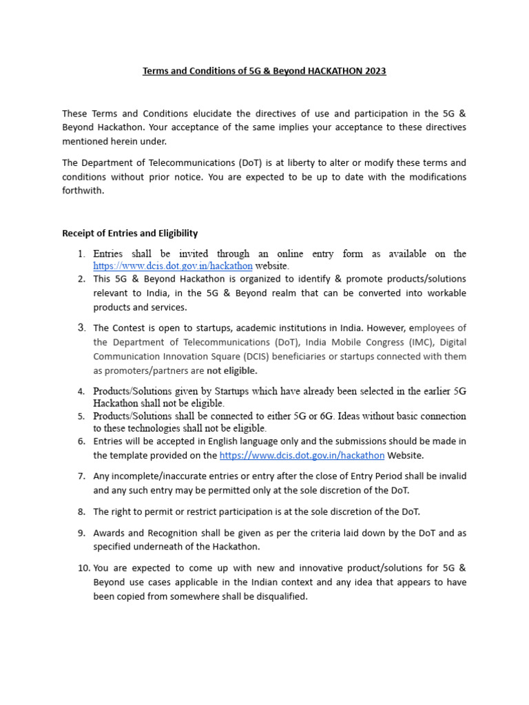 Terms and Conditions 5G and Beyond Hackathon 27 | PDF | Intellectual Property | License