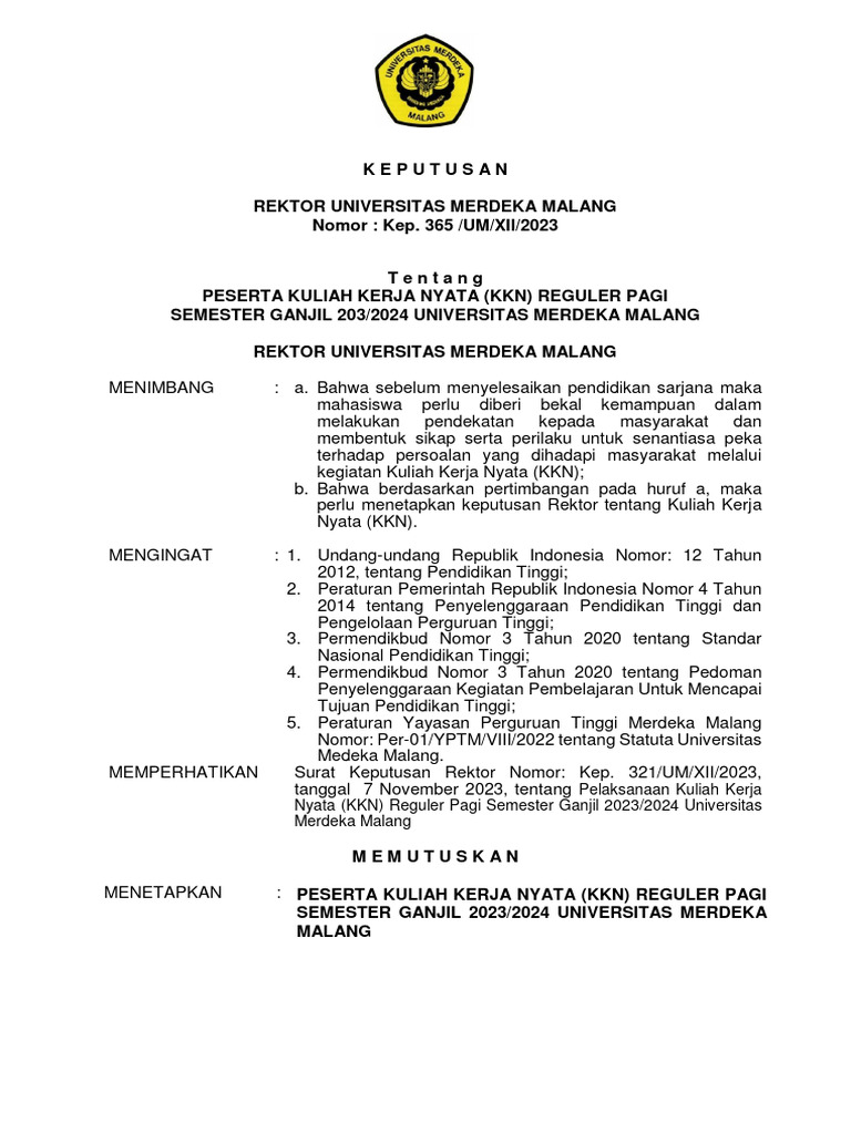 2023 - SK 365 - Peserta KKN Reguler Pagi SMT Genap 2023 - 2024 | PDF