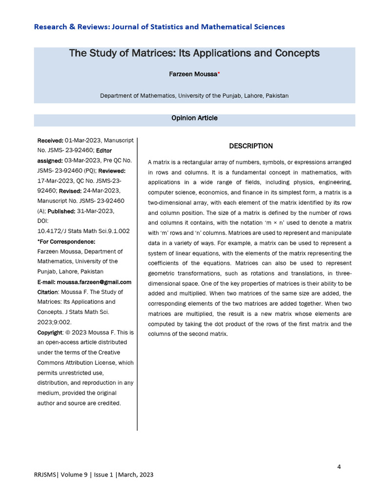 The Study of Matrices Applications and Concepts | PDF | Matrix (Mathematics) | Eigenvalues And ...