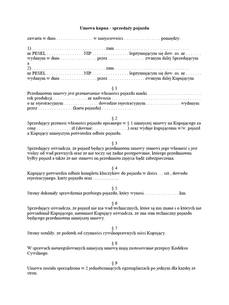 Umowa Kupna Sprzedazy Pojazdu | PDF