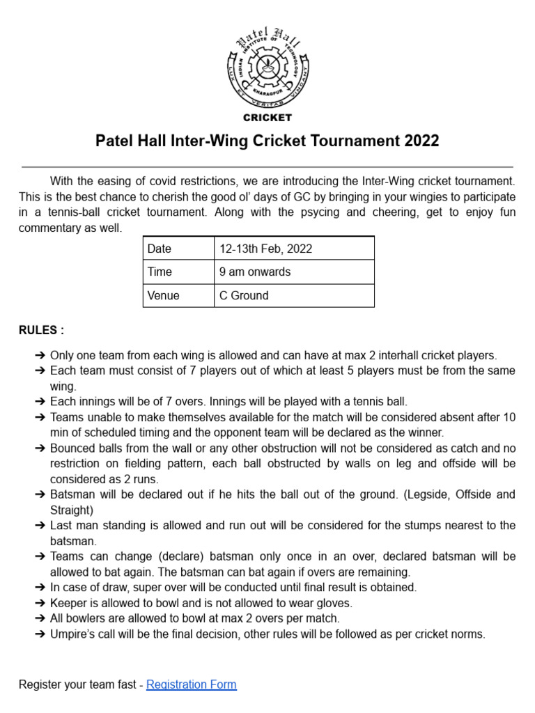 Patel Hall Inter Wing Cricket Rules | PDF