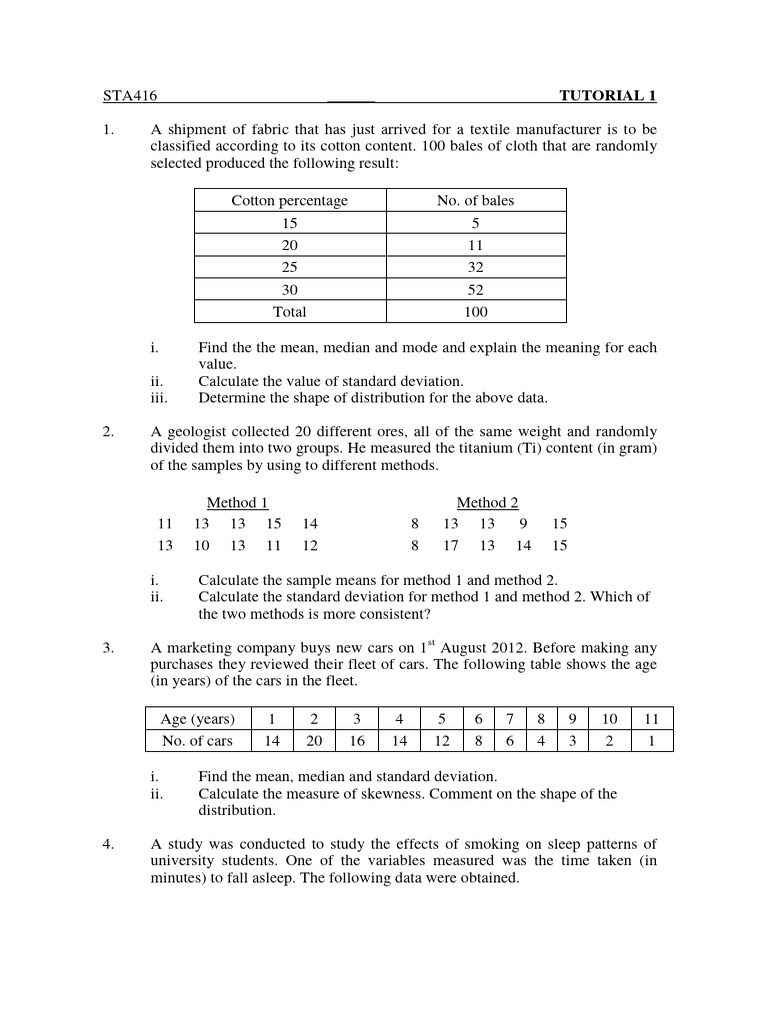 Tutorial 1 STA416 | PDF | Mean | Standard Deviation