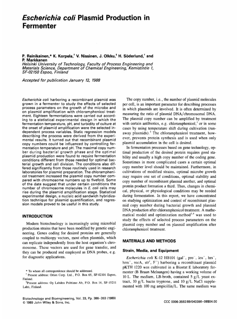 Escherichia Coli Plasmid Production in Fermenter | PDF | Plasmid | Dna ...