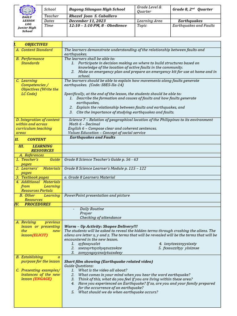 Grade 8 Earthquakes Lesson Plan | PDF | Earthquakes | Learning