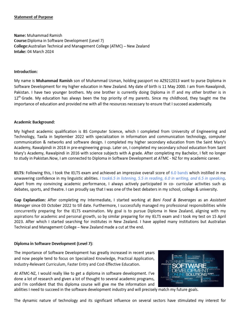 Statement of Purpose for Software Diploma | PDF | Cost Of Living ...