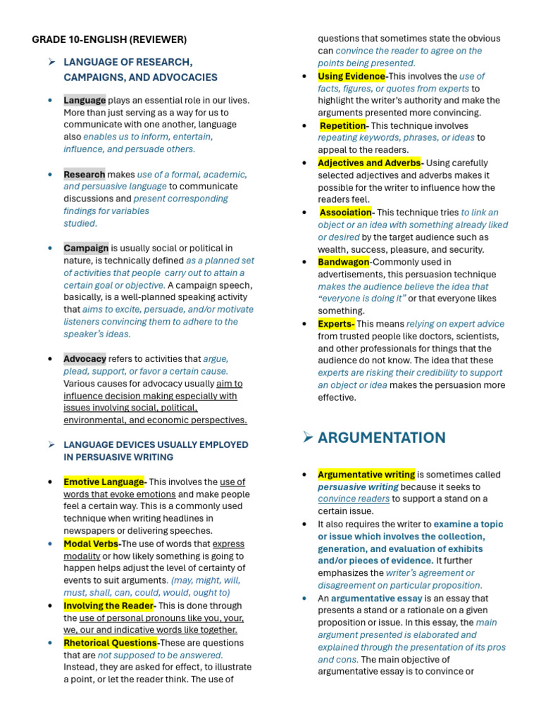 Grade 10 English Reviewer | PDF | Persuasion | Cognition