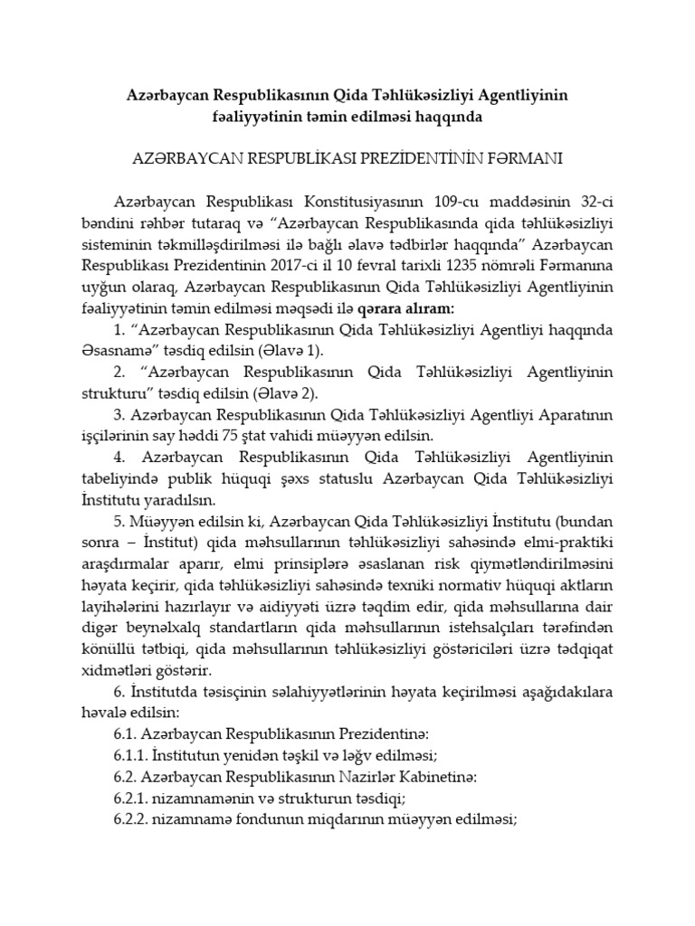 Azərbaycan Respublikasının Qida Təhlükəsizliyi Agentliyinin Fəaliyyətinin Təmin Edilməsi ...