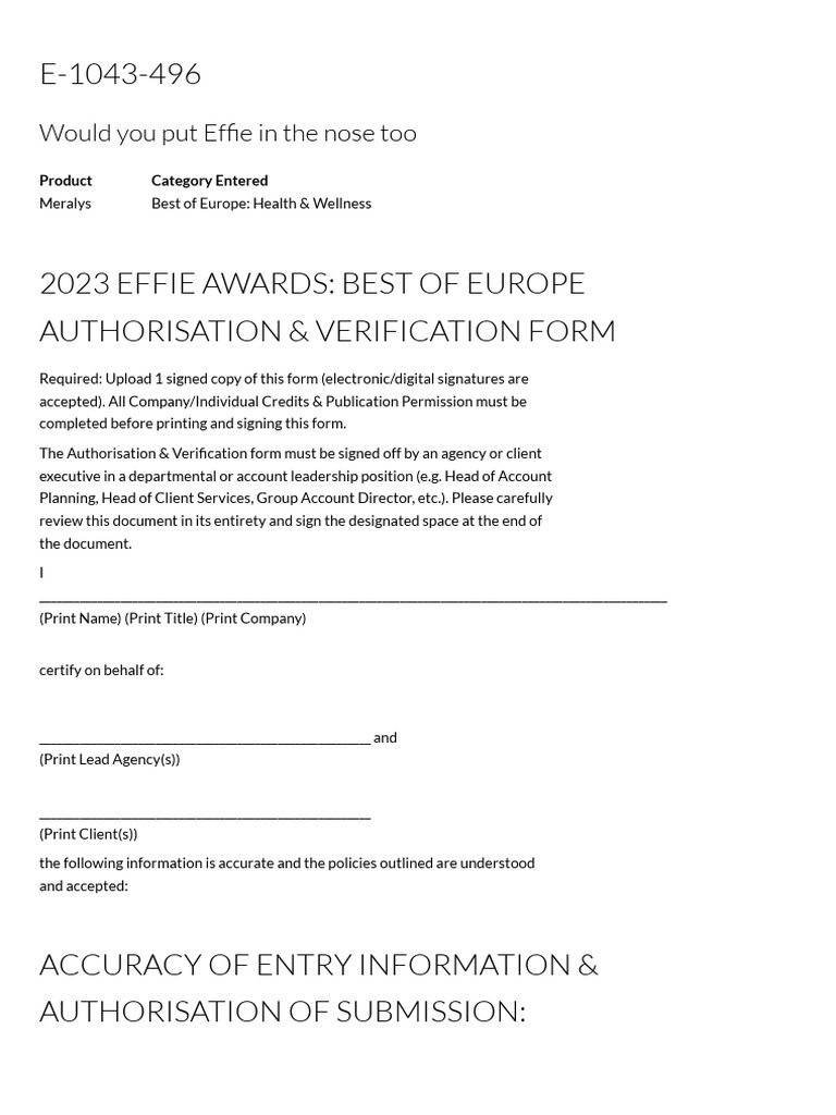 ENTRANT RECORDS - Authorisation & Verification Form E-1043-496-2 | PDF ...