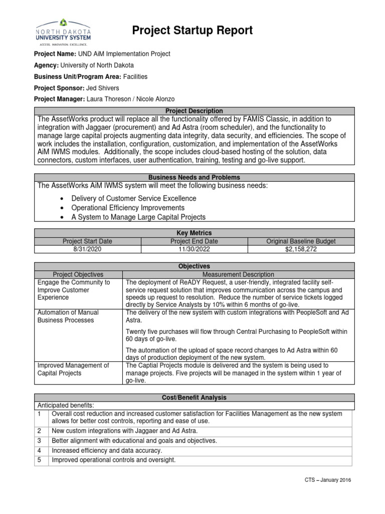 UND AiM Implementation Project Startup Report Final | PDF